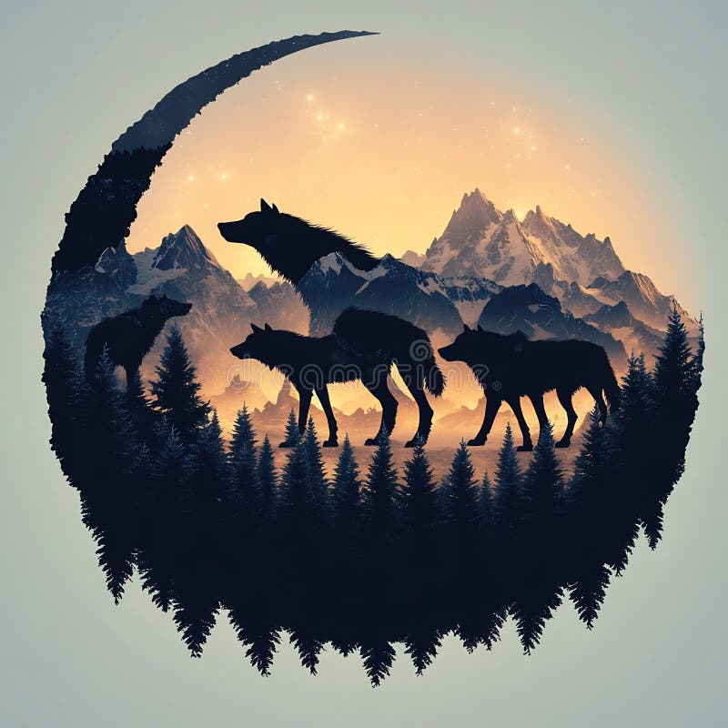 Twilight Wolf Pack Silhouetted Against Crescent Moon and Snowy Mountain ...