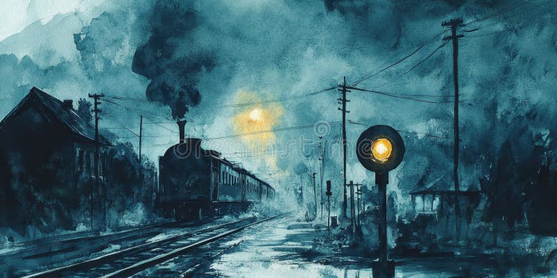Twilight Zone Day Moody Nighttime Train Scene with Steam Engine and ...