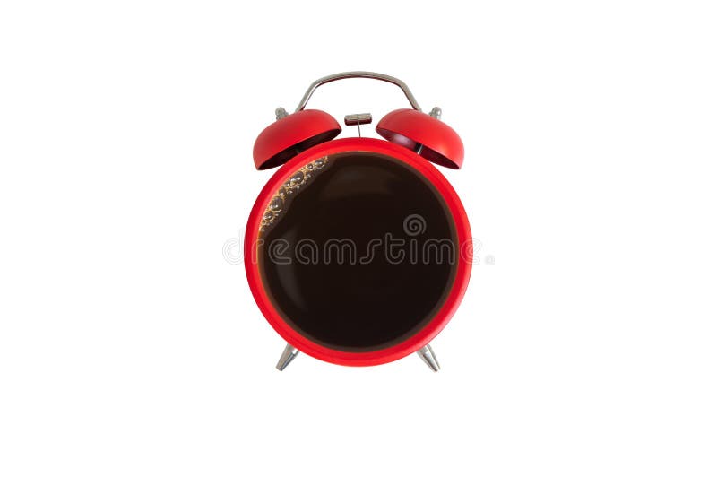 Twin Bell Red Alarm Clock with Coffee Cup on White Screen Stock Image ...