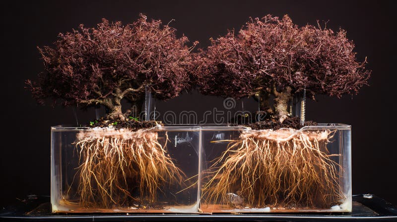 Twin Bonsai Trees Showcase Intricate Root Systems in Clear Water ...