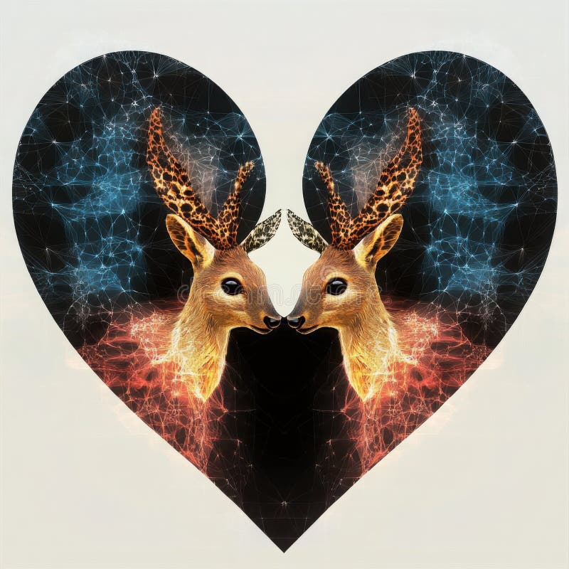 Twin Deer in Love Symmetrical Art in Heart Shape Stock Image - Image of ...