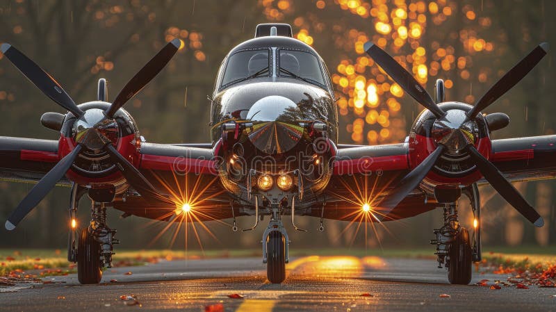 Twin-engine Propeller Plane Parked on Runway at Dusk Stock Illustration ...