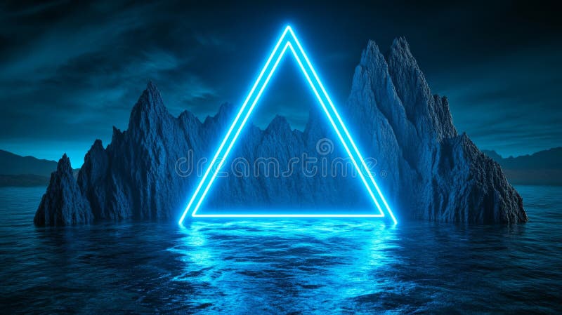 The Twin Peaks Glow with a Neon Triangle in Tranquil Waters Stock Image ...