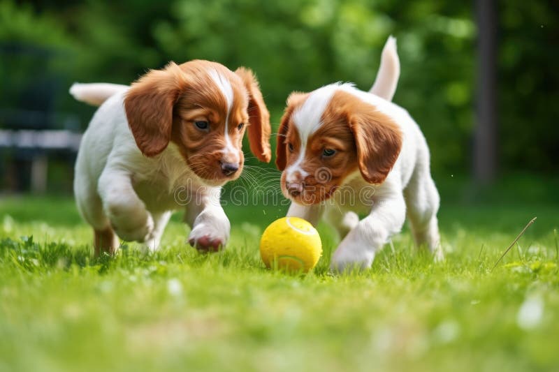 Twin Puppies Learning Fetch with a Plastic Toy Ball Stock Photo - Image ...