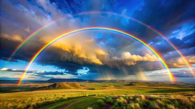 Twin Rainbows Arching Across the Sky after a Refreshing Rain Shower Creating a Vibrant Scene ...