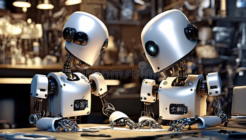 Twin Robots Collaborating in a Tech Workshop Stock Image - Image of ...