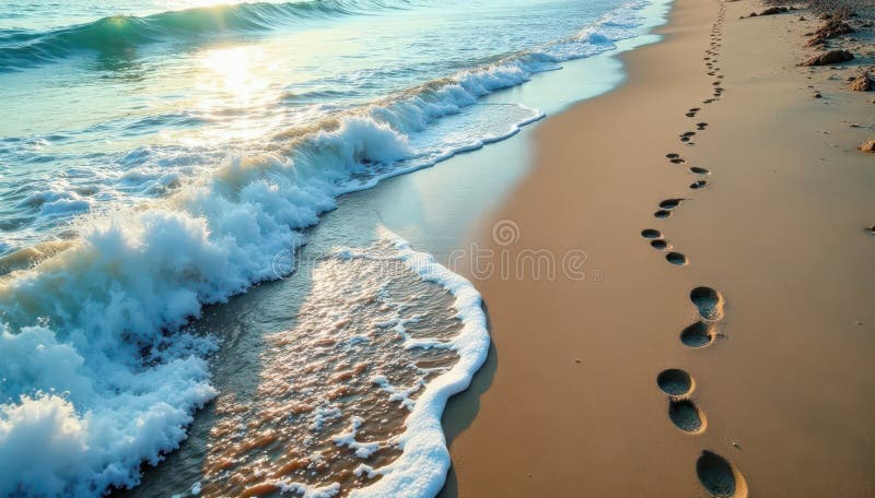 Twin Rows of Footprints Fading into Ocean Waves, Morning, Path, Texture ...