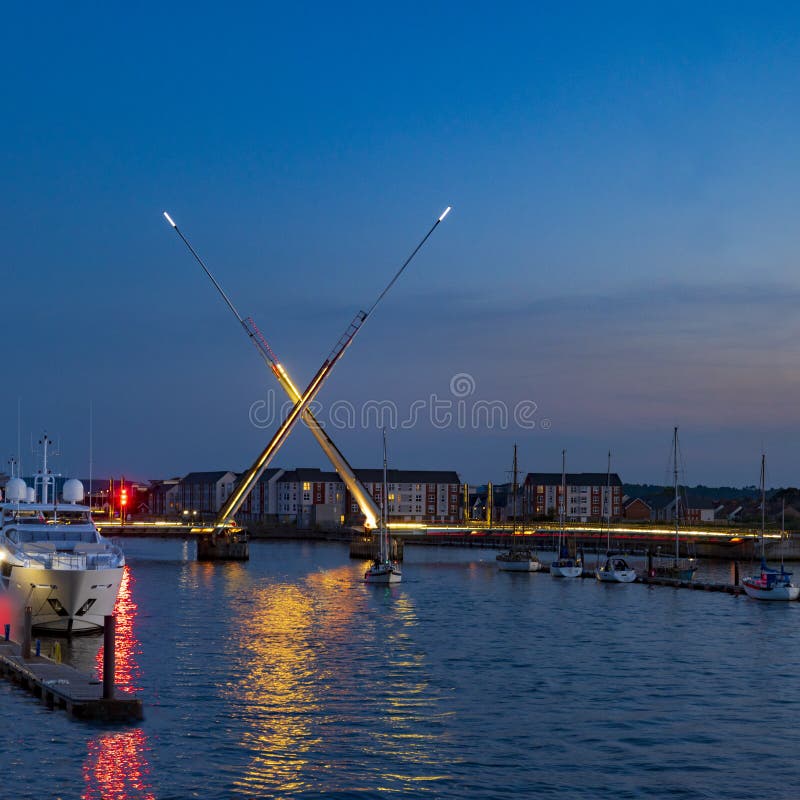 Twin Sails Bridge in Poole Harbour Stock Photo - Image of night ...