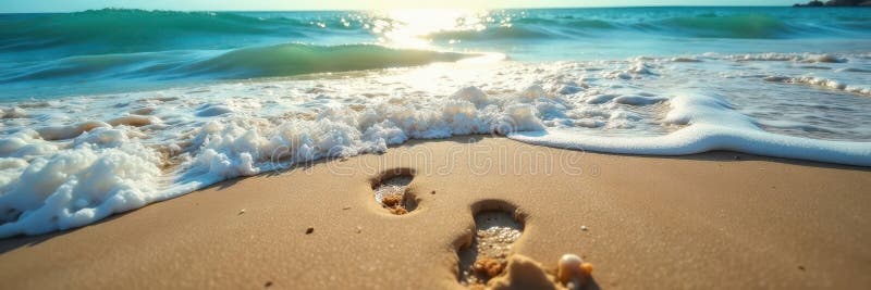 Twin Sets of Footprints Fading into Ocean Waves, White, Ripple Stock ...
