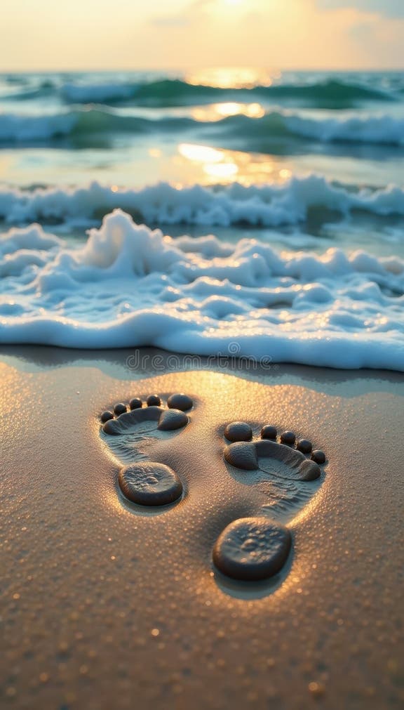 Twin Sets of Small Footprints Fading into Ocean Waves, Seashore ...