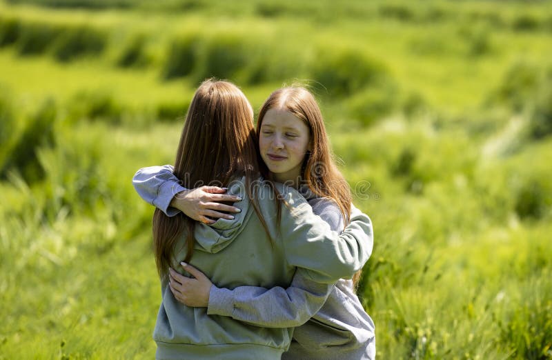 Twin Sisters Hugging in a Field Stock Image - Image of girls, freckle ...