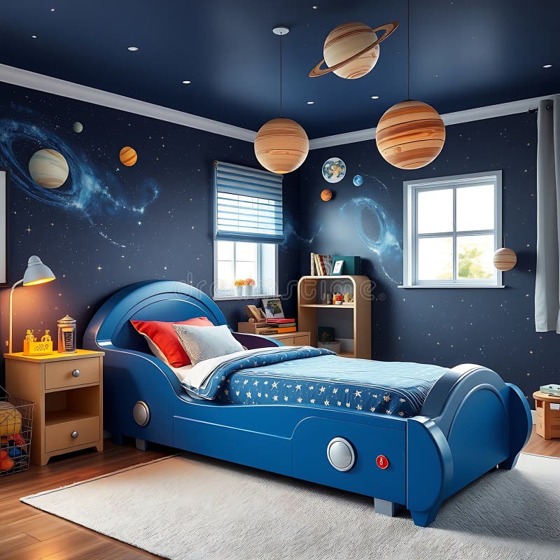 A Twin Sized Kids Bed in a Space Theme Featuring a Rocket Ship Bed ...