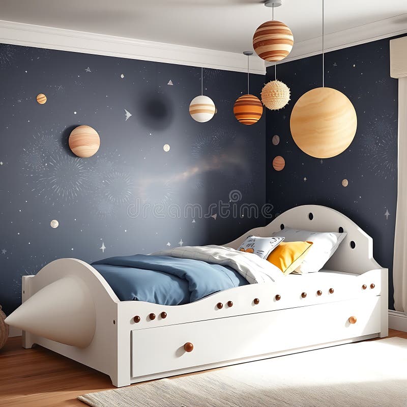 A Twin Sized Kids Bed in a Space Theme Featuring a Rocket Ship Bed ...