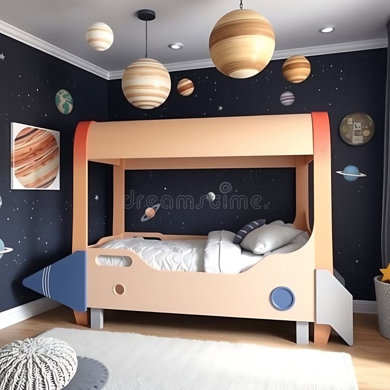 A Twin Sized Kids Bed in a Space Theme Featuring a Rocket Ship Bed ...