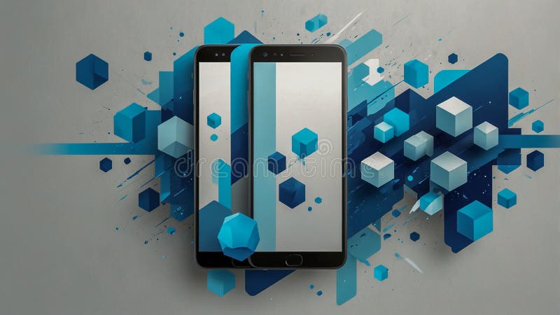 Twin Smartphones with Blue Cubes and Abstract Graphics Stock ...