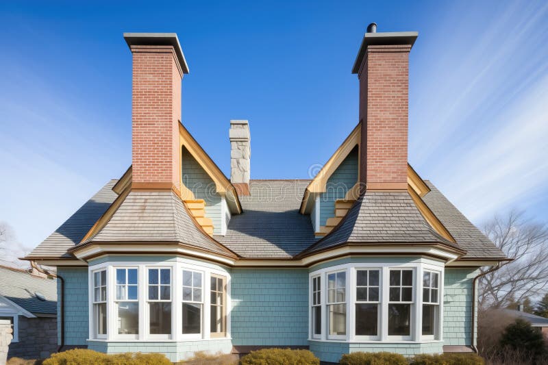 Twin Stone Chimneys on Shingle Style House with Bay Windows Stock Photo ...