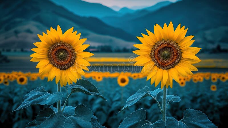 Twin Sunflowers Blooming in Mountain Field at Sunset Stock Image ...