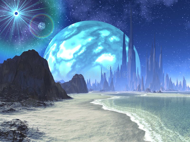 Planet Rise Over Alien Beach World Stock Illustration - Illustration of ...