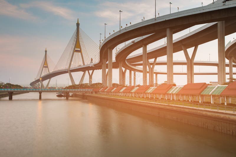 Twin Suspension Bridge River Front Stock Photo - Image of bridge ...