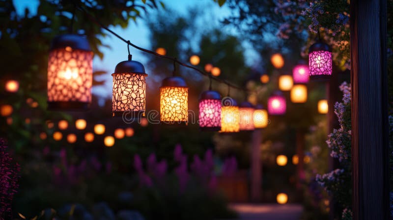 Twinkling Decorative Lanterns on String in Garden Evening Glow Stock ...