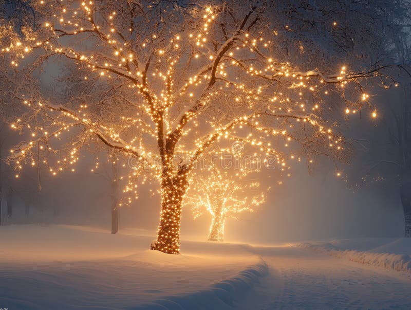 Twinkling Fairy Lights Wrapped Around a Snowy Tree, Full Empty Copy ...