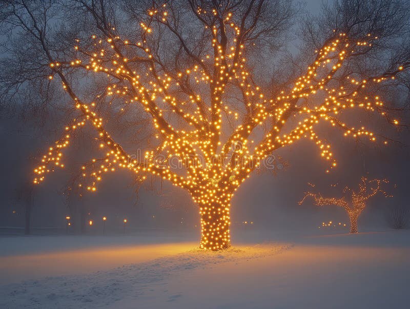 Twinkling Fairy Lights Wrapped Around a Snowy Tree, Full Empty Copy ...