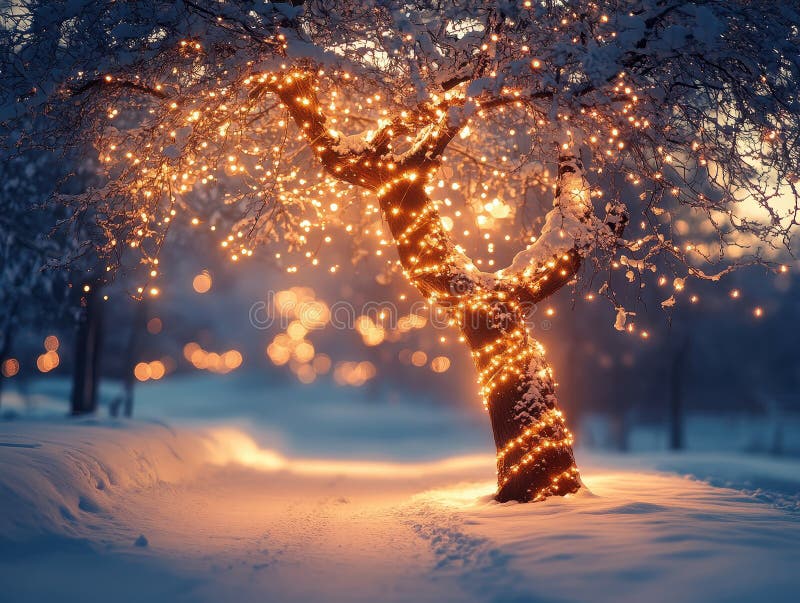 Twinkling Fairy Lights Wrapped Around a Snowy Tree, Full Empty Copy ...