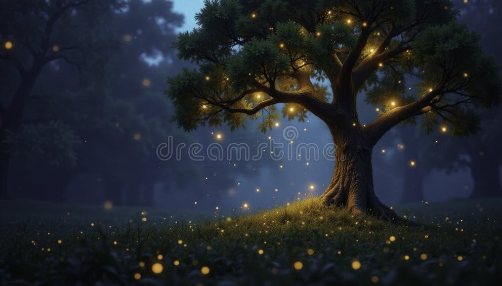 Twinkling Fireflies Dance Around a Ancient Tree, Glowing Tree ...