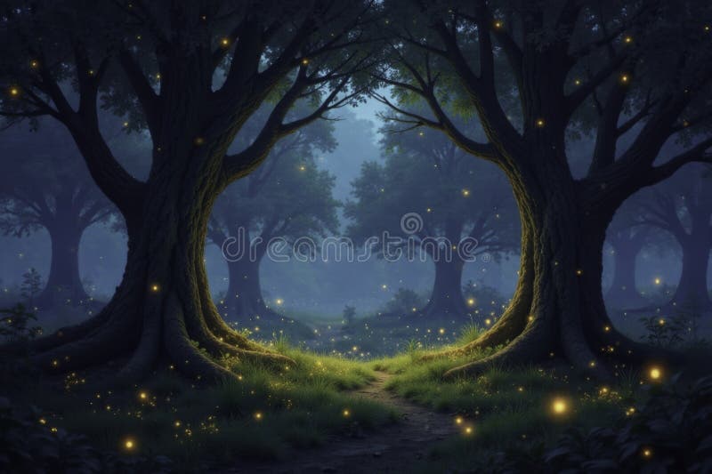 Twinkling Fireflies Dance Around Ancient Trees, Misty, Twilight Forest ...