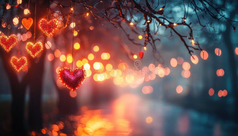 Twinkling Lights and Festive Hearts Create Romantic Atmosphere at Night ...