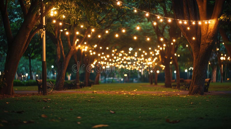 Twinkling String Lights Illuminating Park Pathway, Surrounded by Trees ...