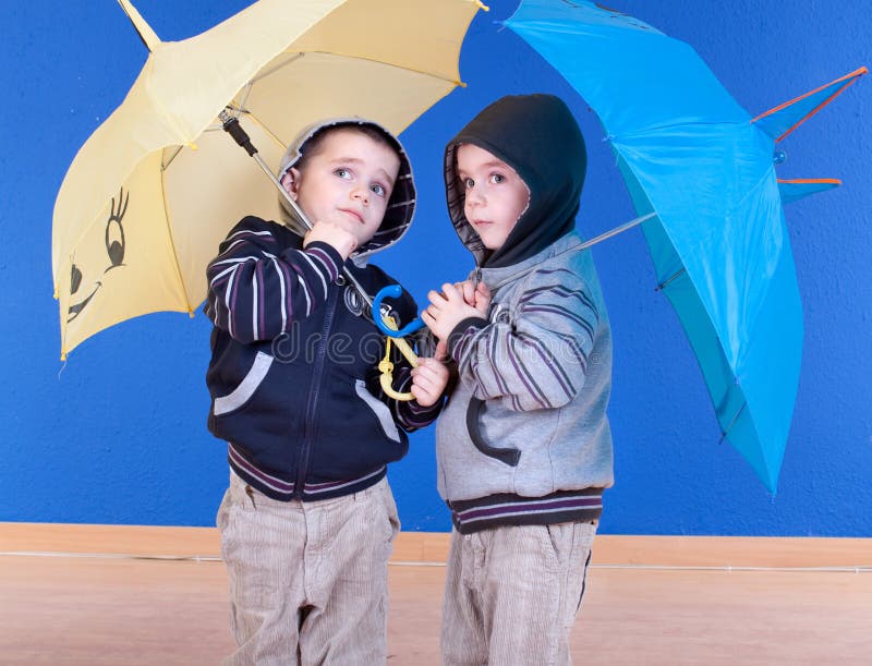 Twins Brother Have Fun Under an Umbrellas Stock Photo - Image of person ...