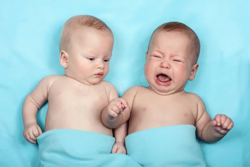 Twins is Laughing on the Blue Stock Image - Image of generation ...