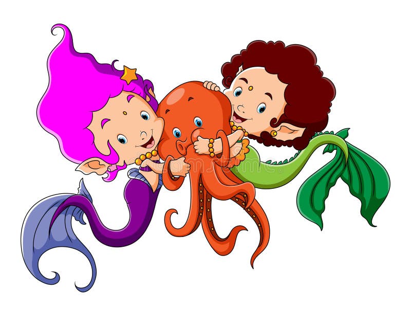 The Twins Mermaid are Hugging the Octopus Stock Vector - Illustration ...