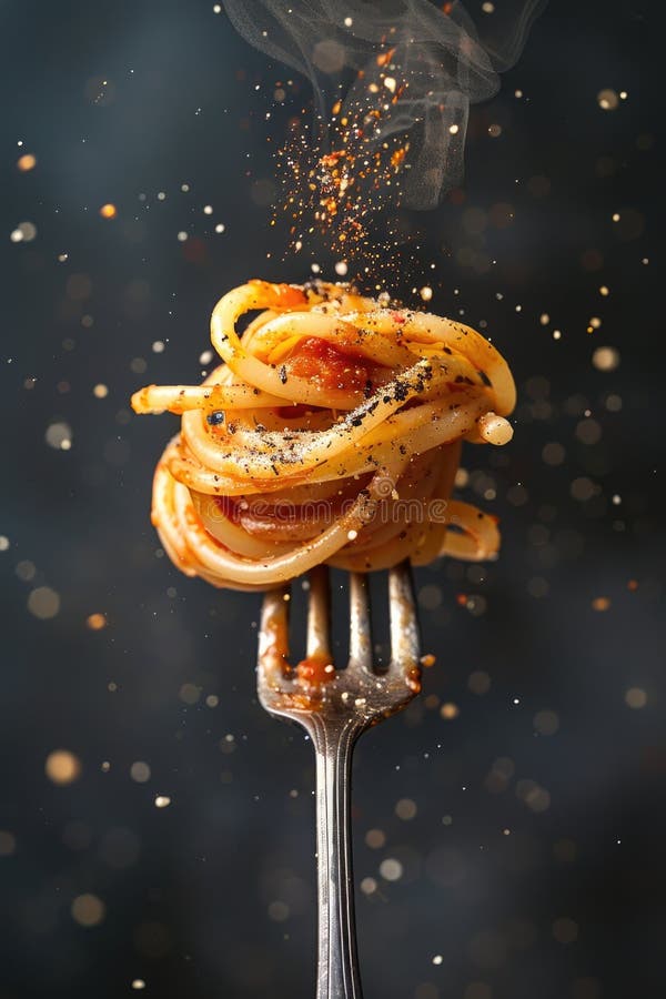 Twirling Spaghetti on Fork with Sauce Splatter Mid-Air Stock Image ...