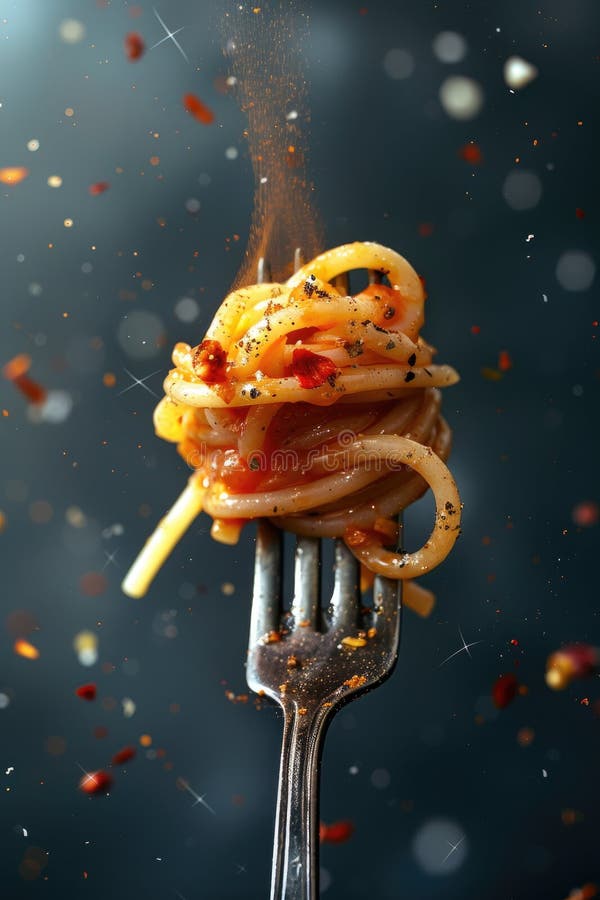 Twirling Spaghetti on Fork with Sauce Splatter Mid-Air Stock Image ...