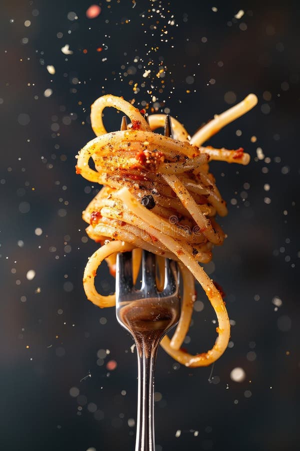 Twirling Spaghetti on Fork with Sauce Splatter Mid-Air Stock Photo ...