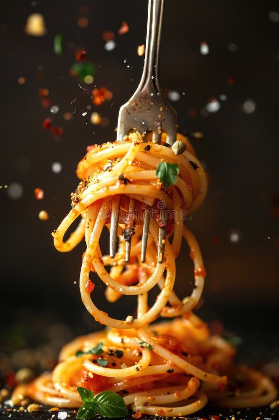 Twirling Spaghetti on Fork with Sauce Splatter Mid-Air Stock Photo ...