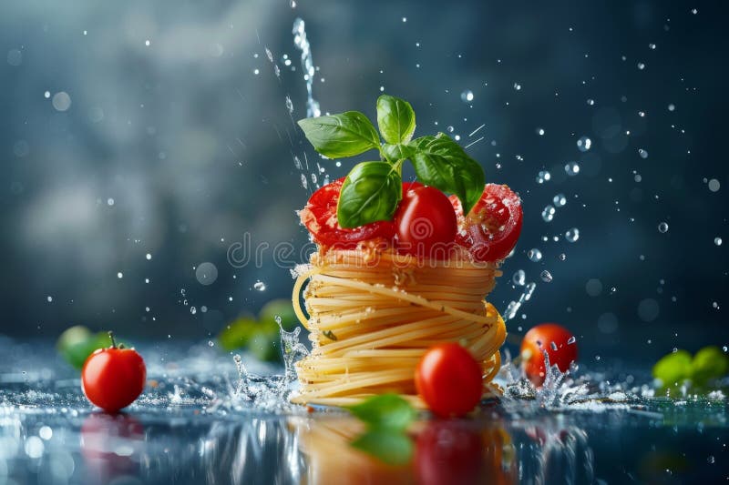 Twirling Spaghetti with Fresh Basil and Tomato Stock Photo - Image of ...