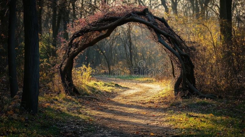 Twisted Arch of Tree Branches Over Forest Path, Autumn Scene with ...
