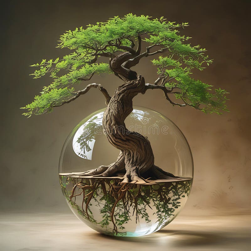 Twisted Bonsai Tree with Roots Submerged in Water Inside a Glass Sphere ...