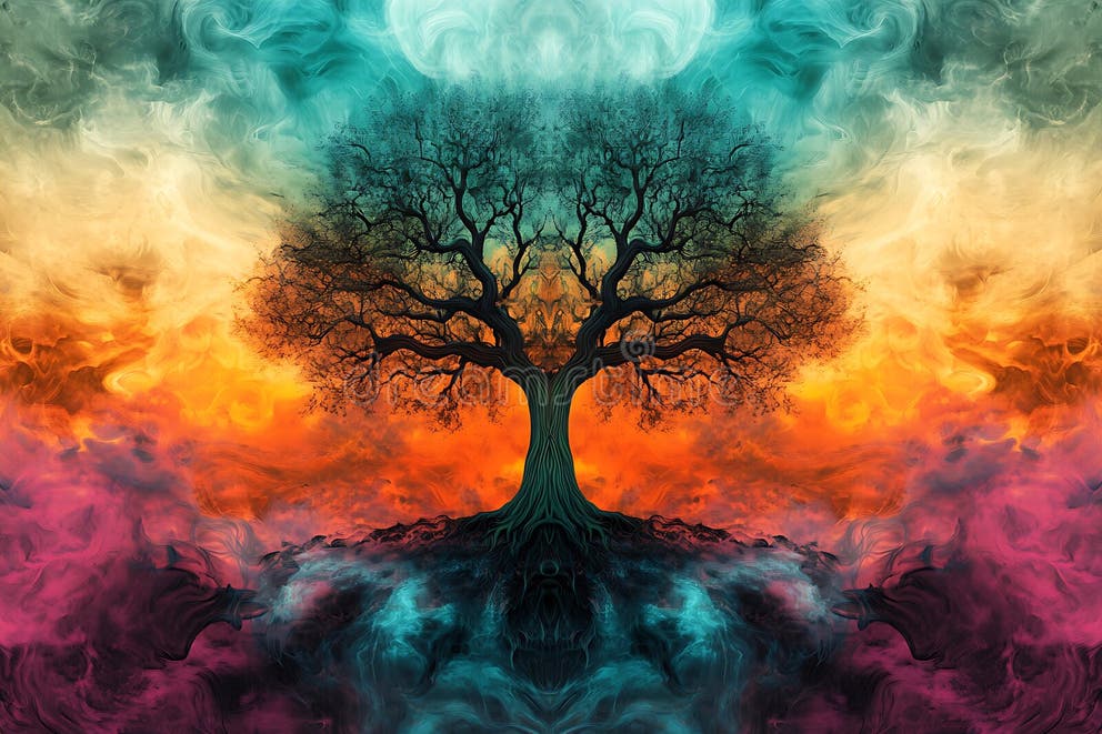 Twisted Branches of a Centered Tree Silhouette with Colorful Cloudscape ...