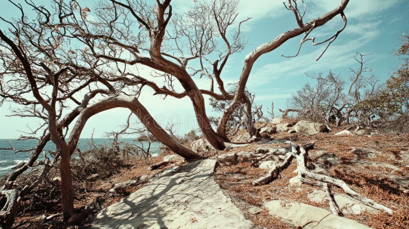 Twisted, Dead Trees on a Coastal Cliffside Stock Illustration ...