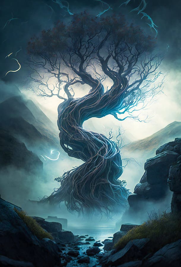 A Twisted Tree Trunk in a Dark Place. AI Generated. Stock Illustration ...