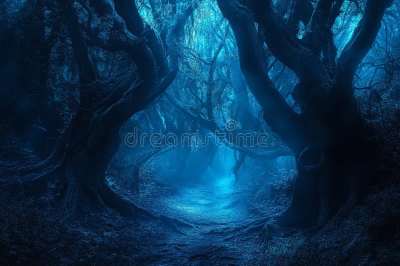 Twisted Forest Crooked Trees Glowing Blue Mist Shadows Flickering ...