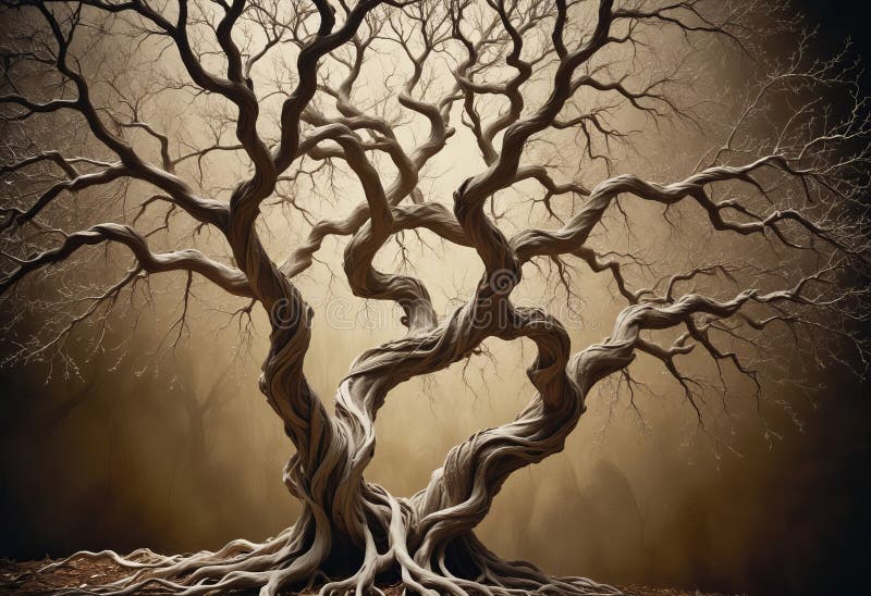 A Twisted, Gnarled Tree with Intricate, Flowing Branches Stock ...