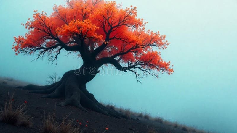 A Twisted Gnarled Tree with Vibrant Orange , Red and Black Splashes of ...