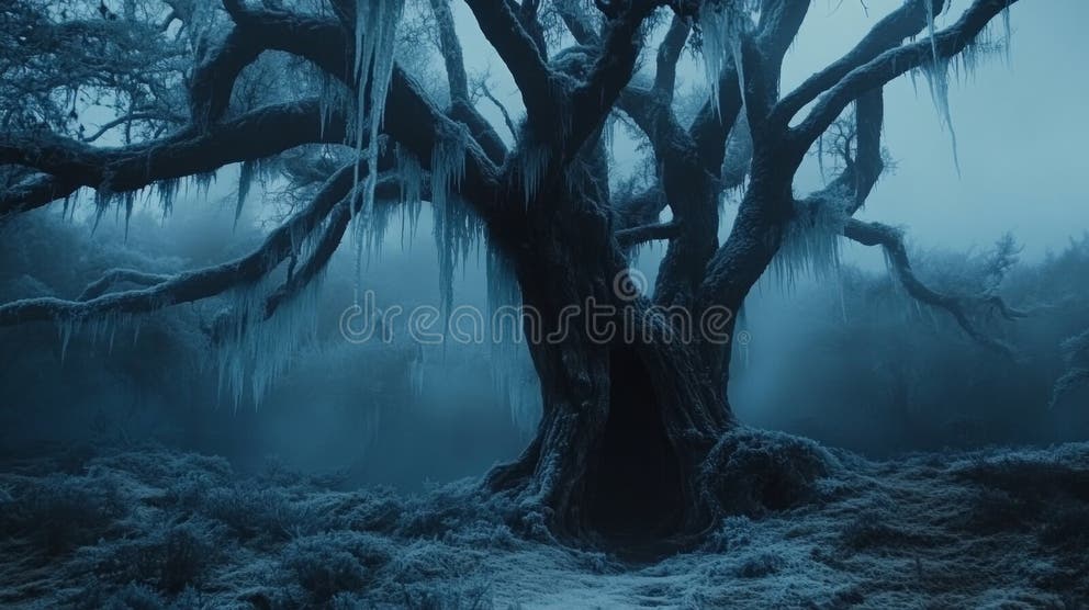 A Twisted, Icy Tree in a Foggy Forest Stock Illustration - Illustration ...
