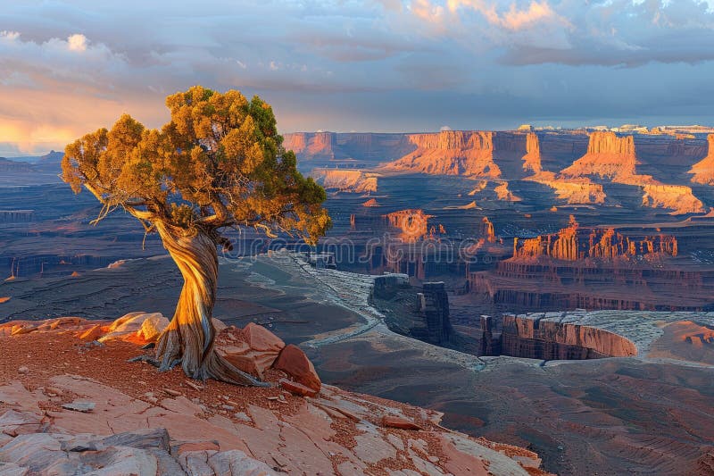 Twisted Juniper Tree Overlooking Canyon at Sunset Stock Illustration ...