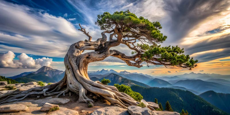 Twisted Old Tree at Top of Windy Mountain Stock Illustration ...